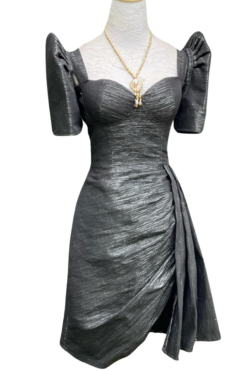 Handwoven Black Inabel Ilocos Weave Modern Filipiniana Dress - Elsie - DM01