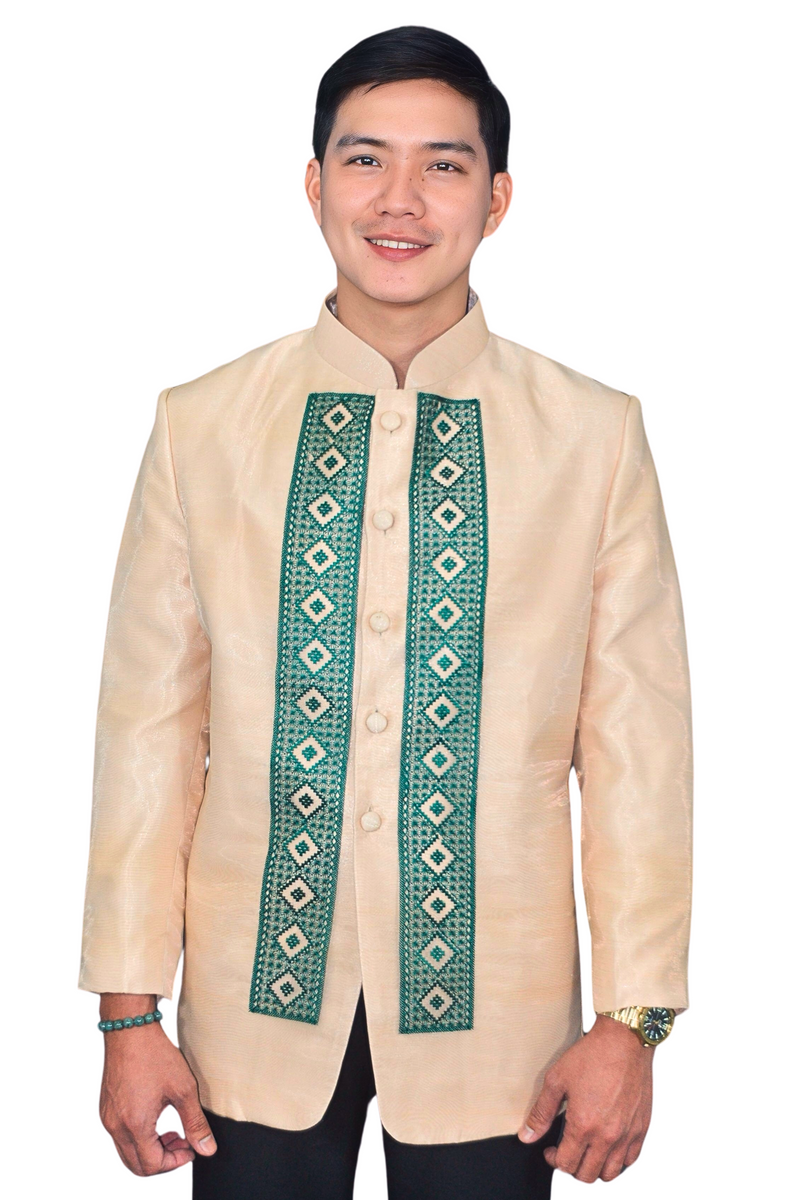 Classic Filipino Barong Tagalog Coat Unique Green Detailing - Ron - JK47