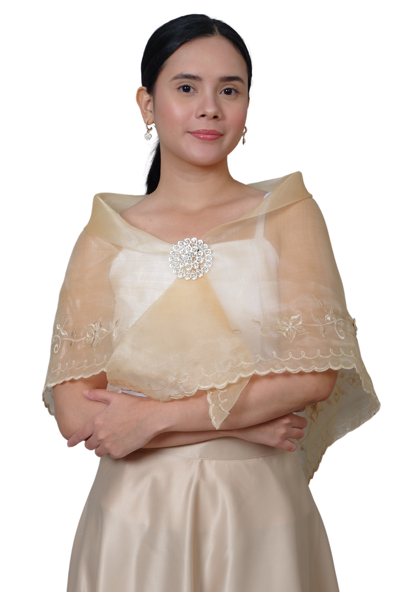 Filipiniana Organza Premium Beige Alampay with Brooch - Hannah - JK20B