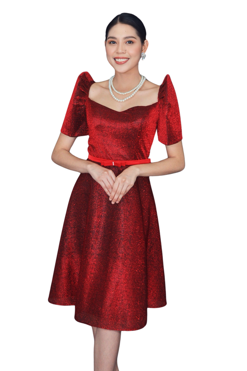 Elegant Red Filipiniana A-line Dress - Eunice - JB803 | Barong World