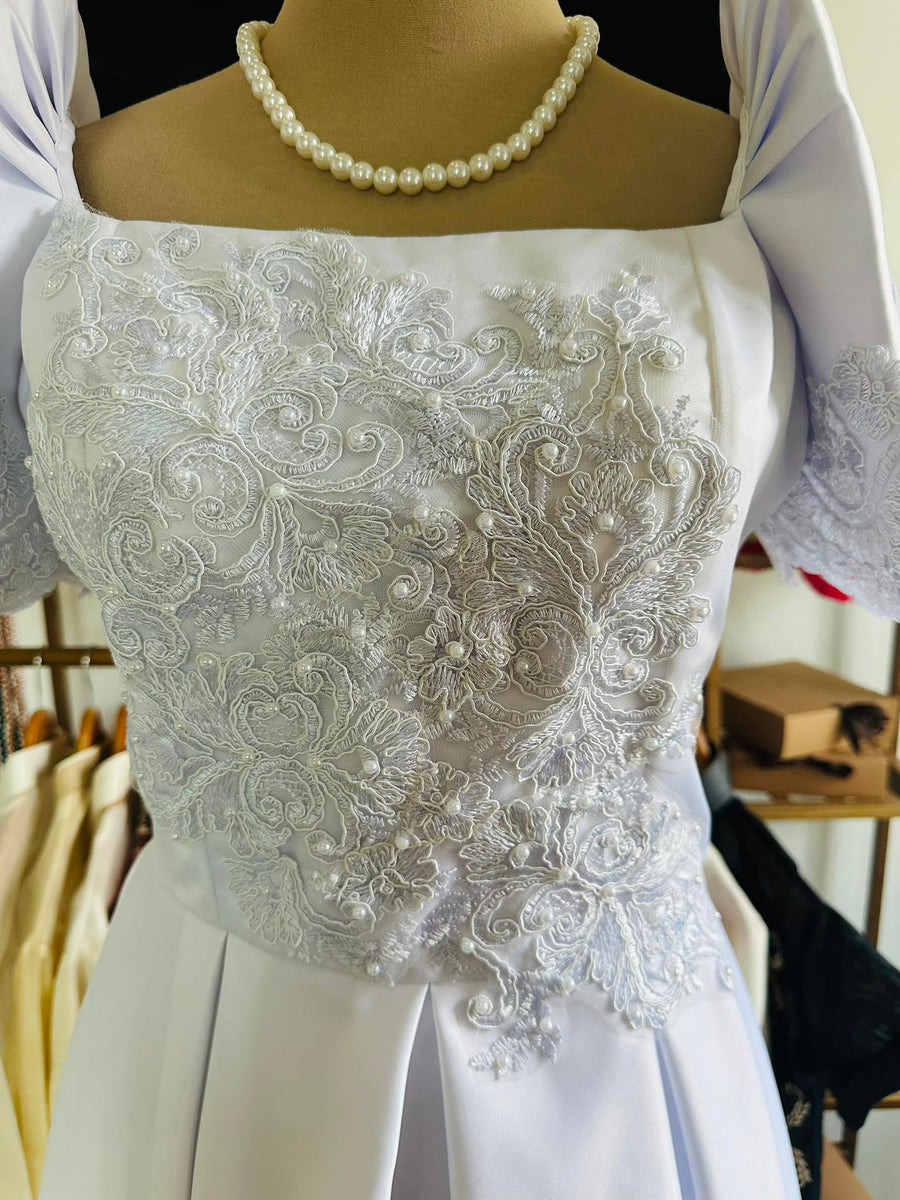 Duchess White Modern Filipiniana Midi Dress - Sally - JB301 – Barong World